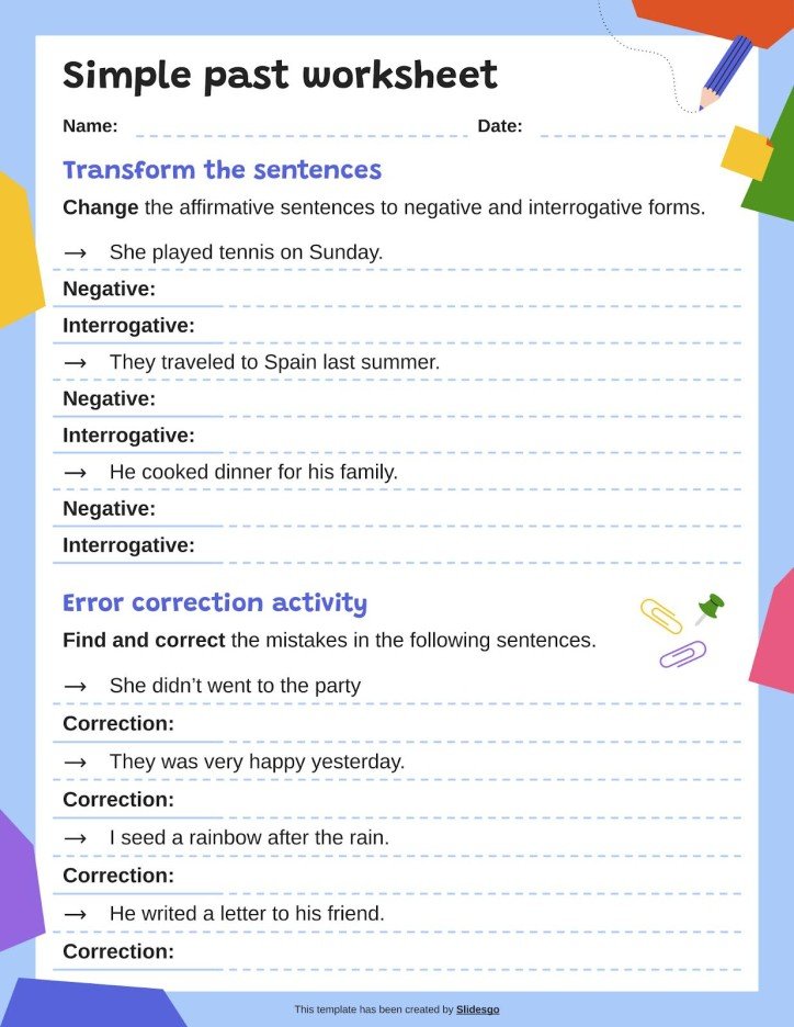 Simple Past Worksheet Template