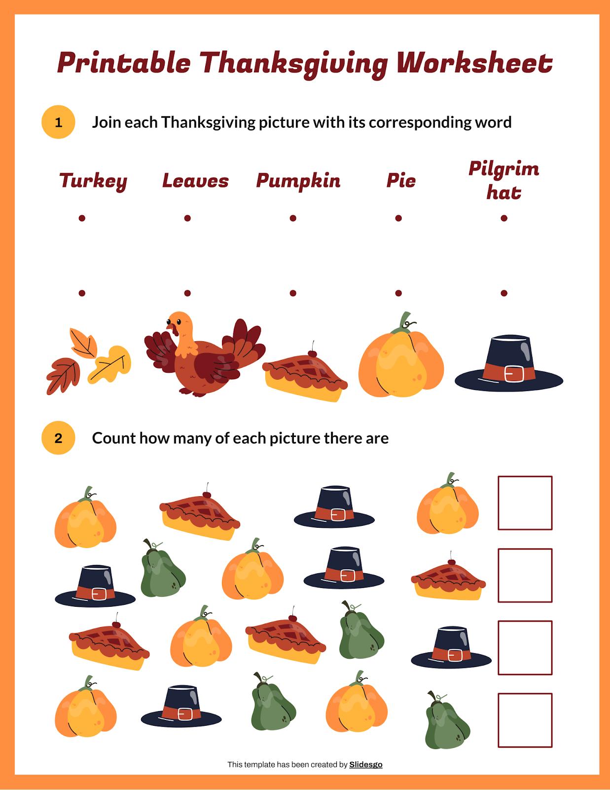 Presentación Hoja de trabajo imprimible de Acción de Gracias