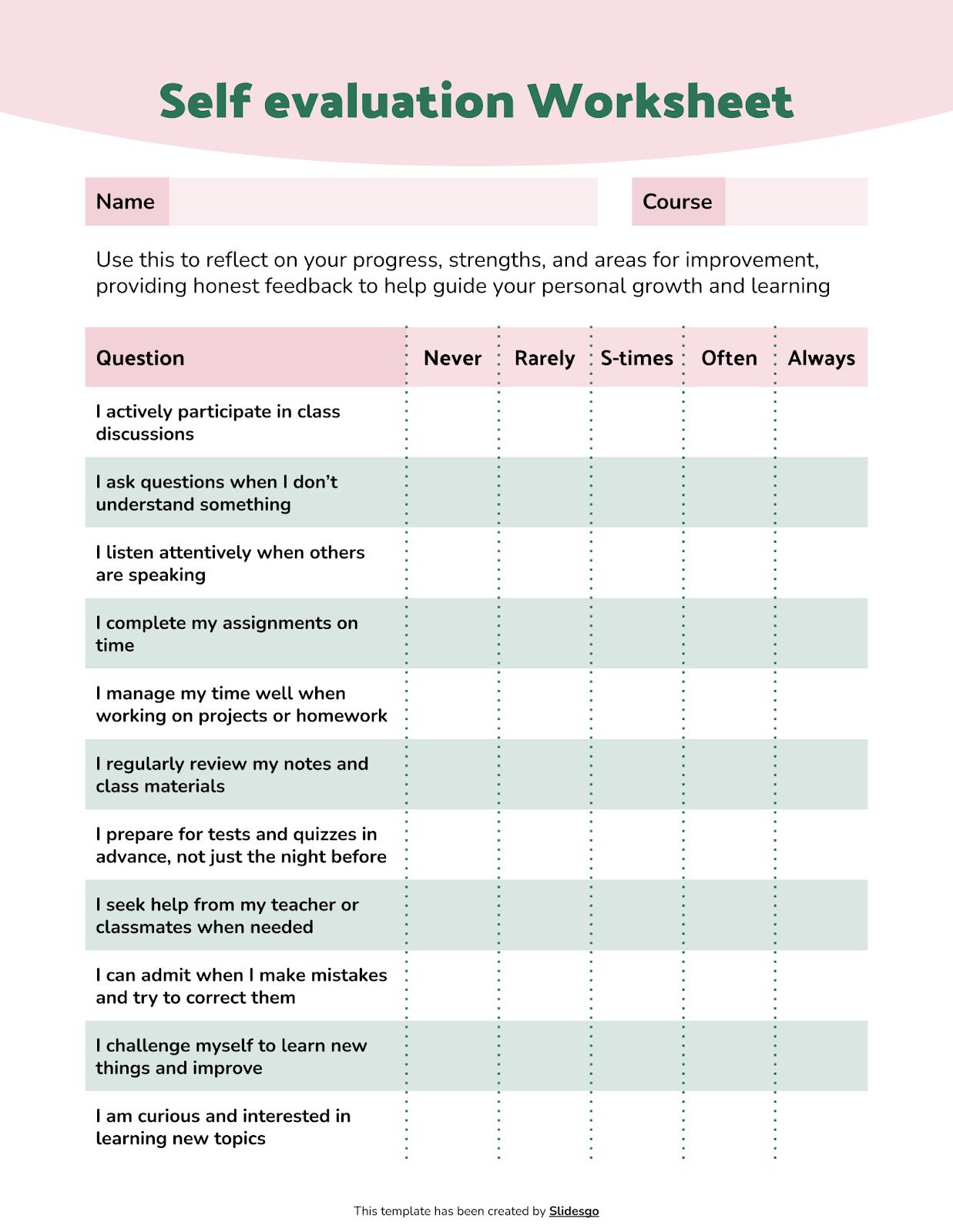 Self Evaluation Worksheet Template