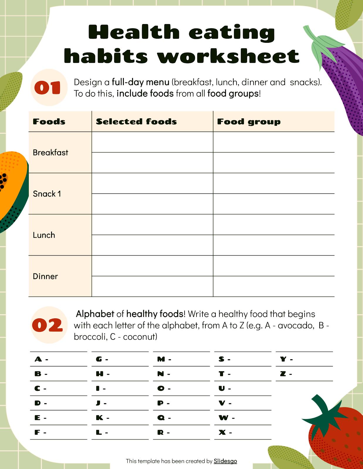Hoja de trabajo sobre hábitos alimentarios saludables