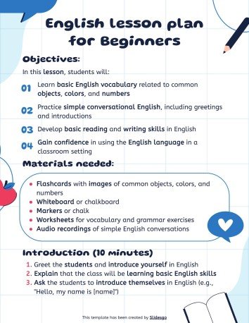 English Lesson Plan for Beginners Template