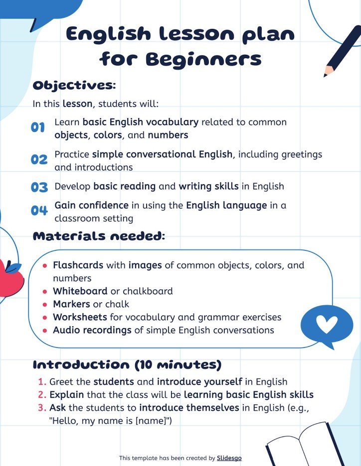English Lesson Plan for Beginners Template