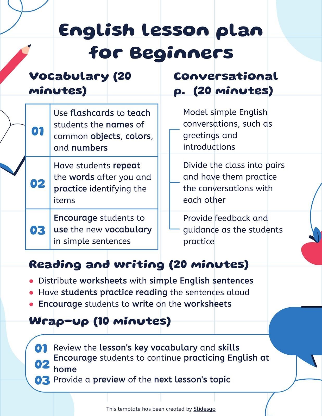 English Lesson Plan for Beginners Template