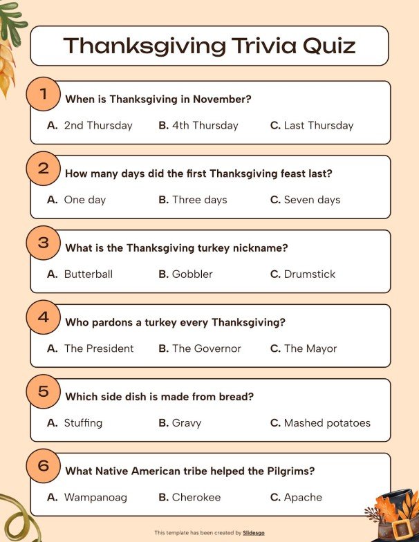 Thanksgiving Trivia Quiz Template