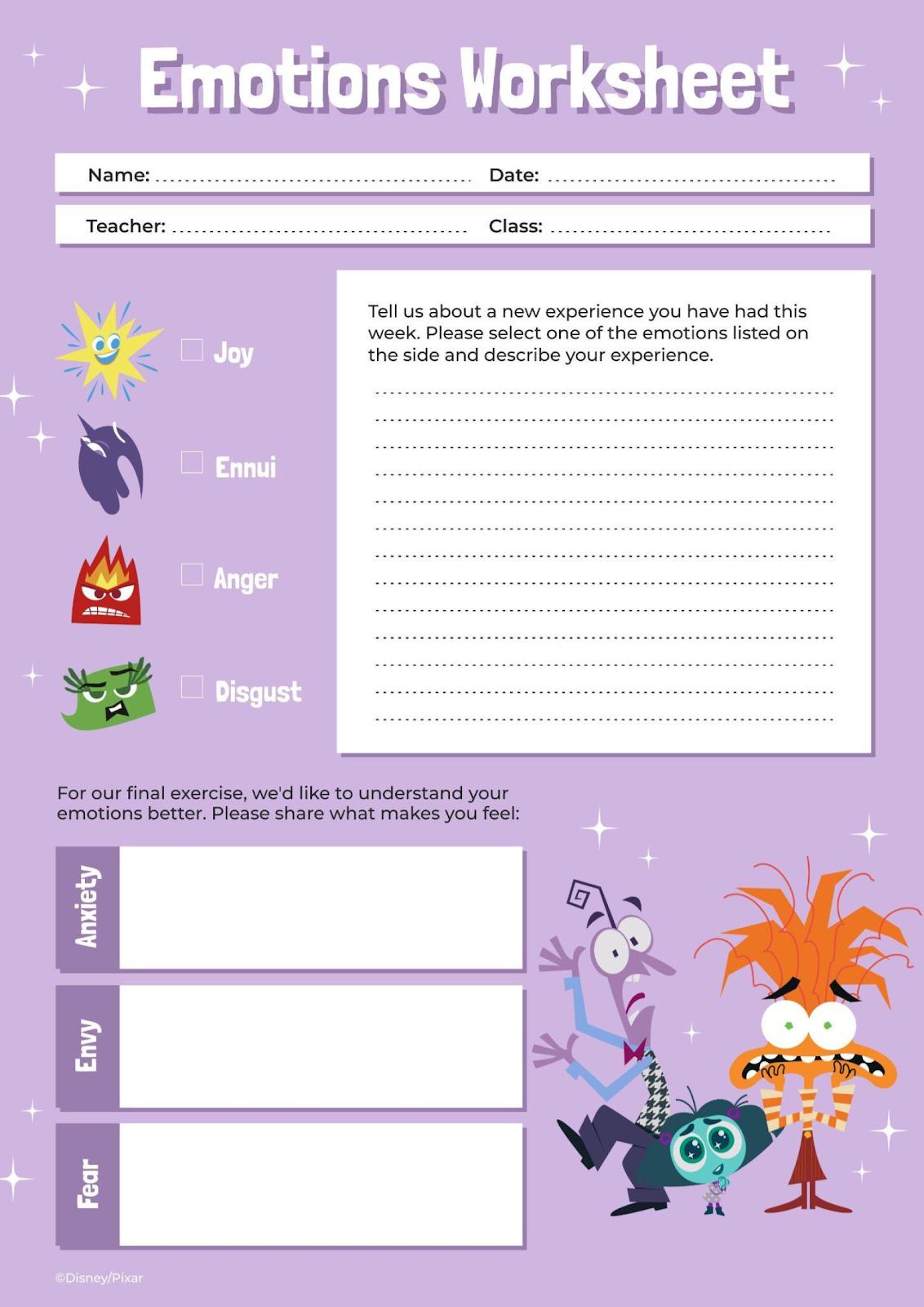 Inside Out 2 Feelings and Calm Down Worksheet Presentation