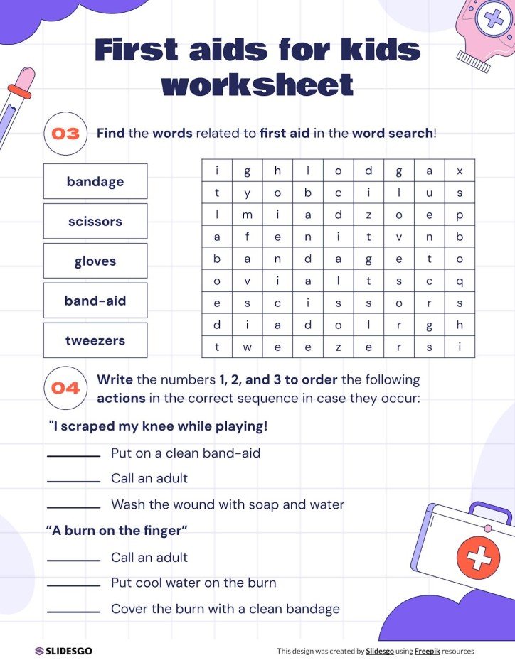 First Aids for Kids Worksheet Template