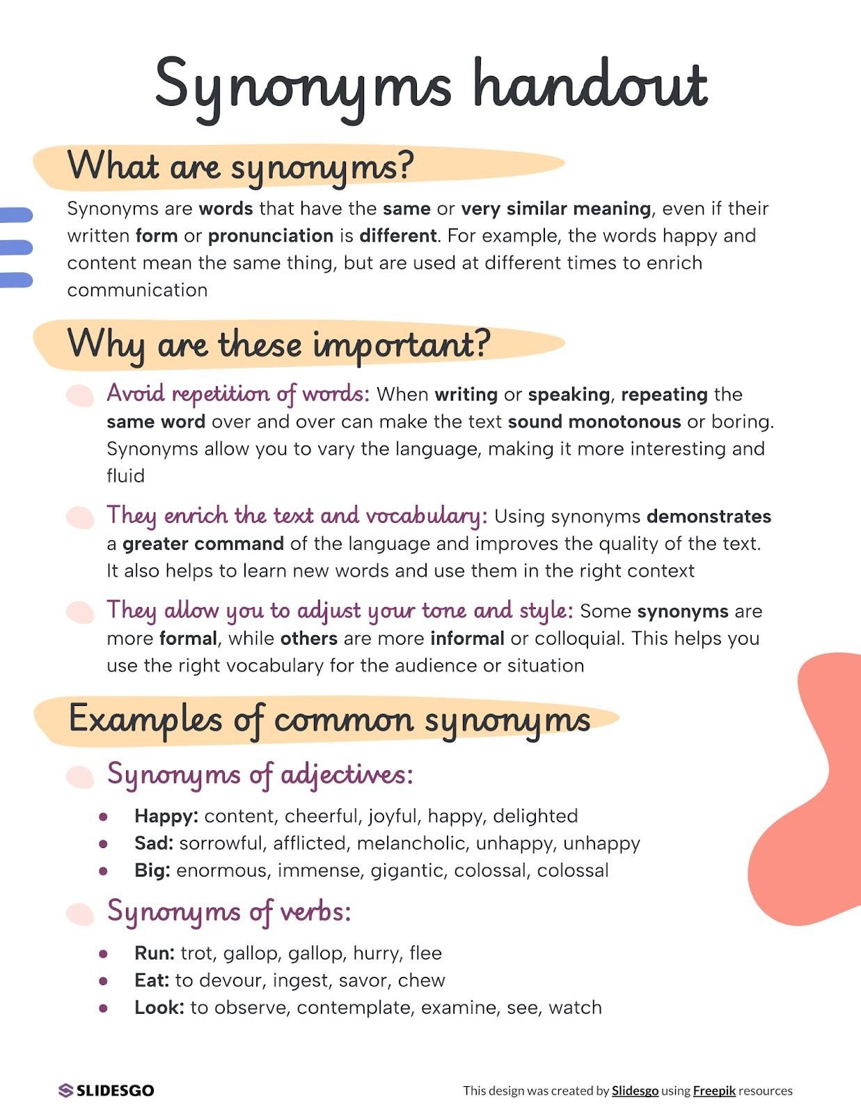 Synonyms Handouts Template