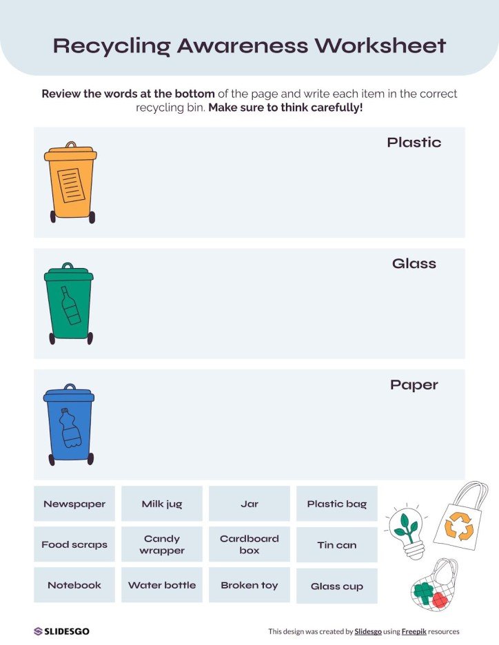 Recycling Awareness Worksheet Template
