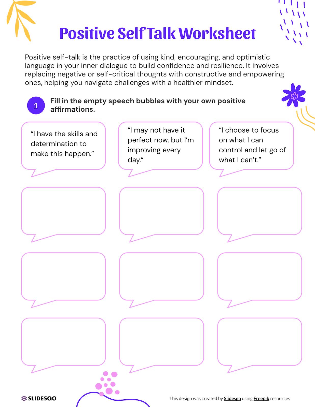 Positive Self Talk Worksheet Presentation