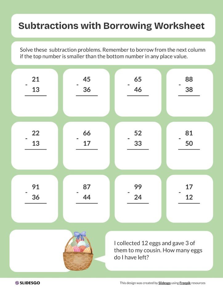 Subtractions with Borrowing Worksheet Presentation