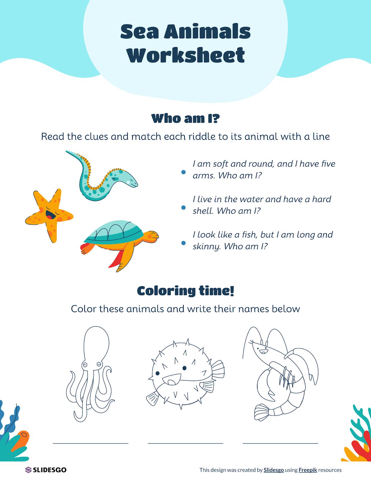 Plantilla Hoja de trabajo de animales marinos