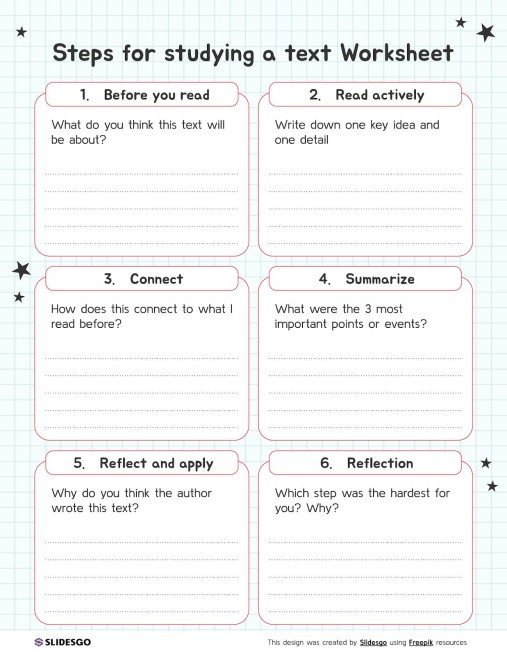 Steps for Studying a Text Worksheet Template