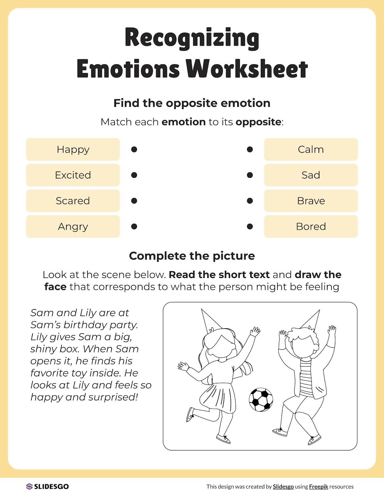 Recognizing Emotions Worksheet Template