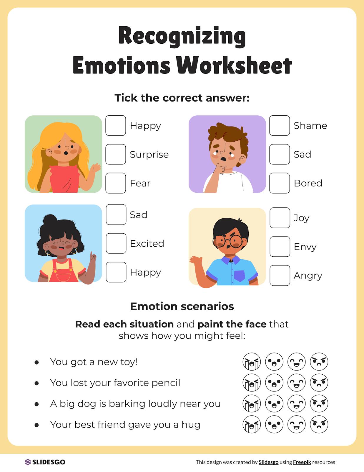 Recognizing Emotions Worksheet Template