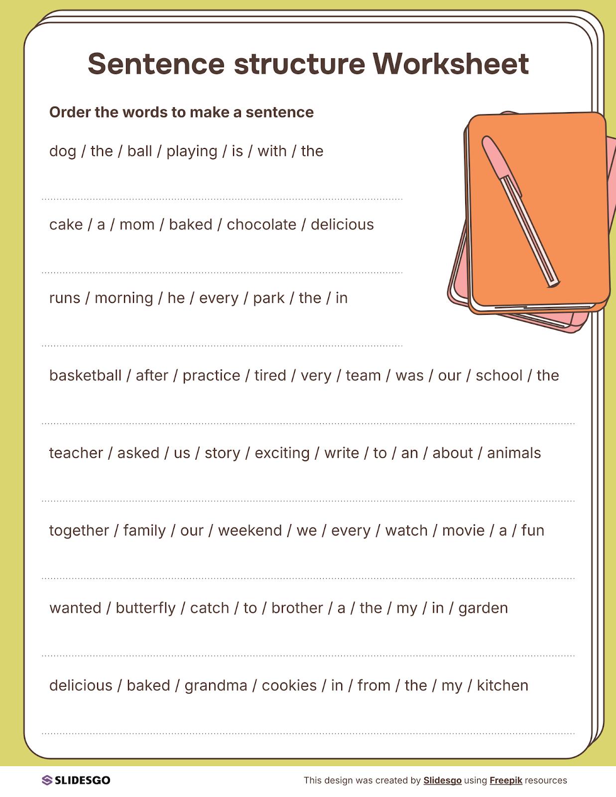 Sentence Structure Worksheet Presentation