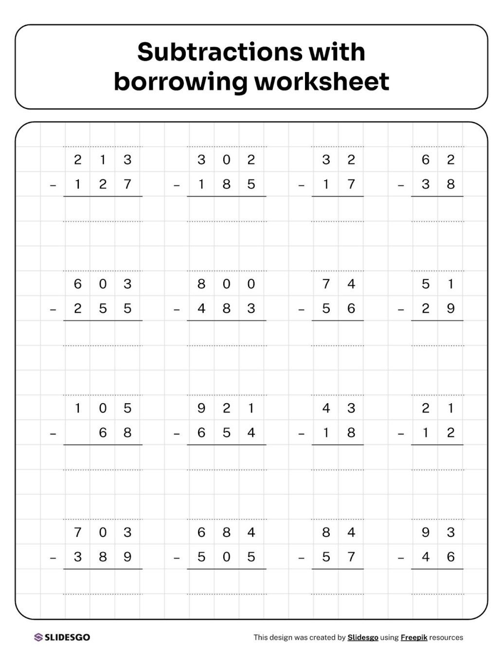 Subtractions with Borrowing Worksheet Template