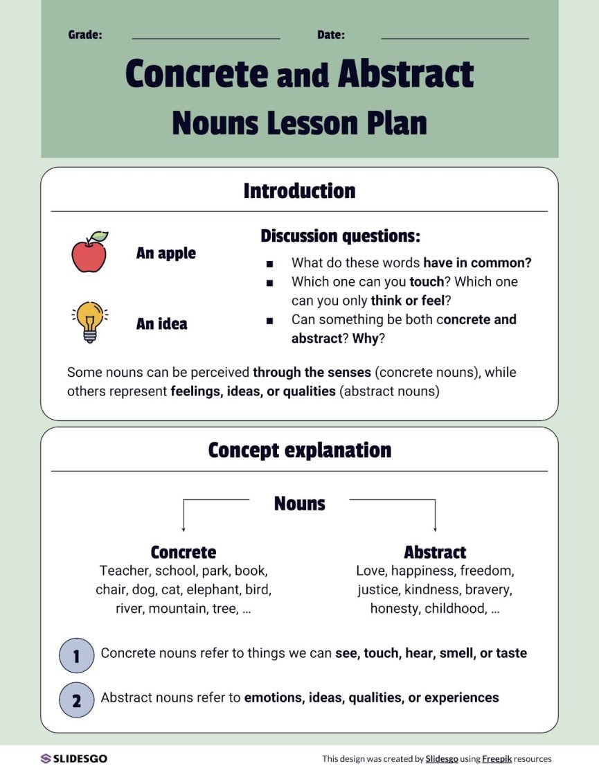 Concrete and Abstract Nouns Lesson Plan Template