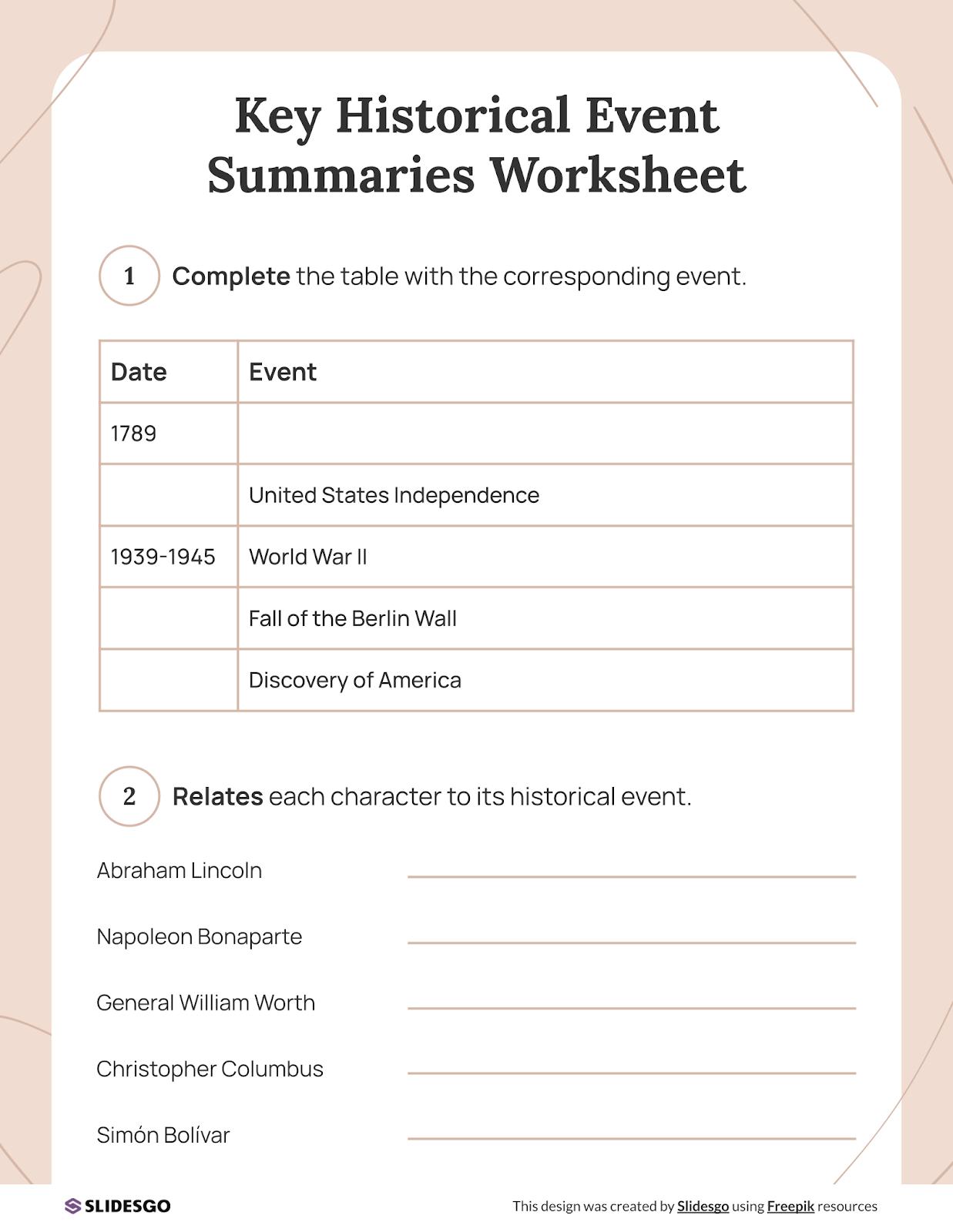 Key Historical Event Summaries Worksheet Template