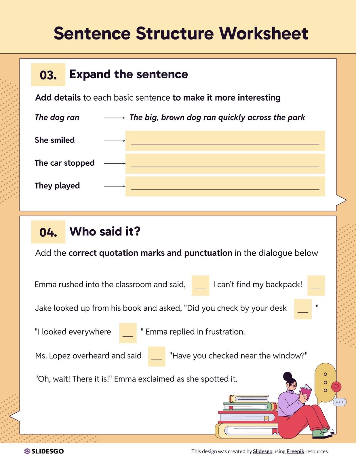 Sentence Structure Worksheet Template