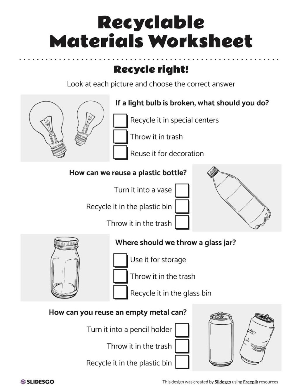 Recyclable Materials Worksheet Presentation