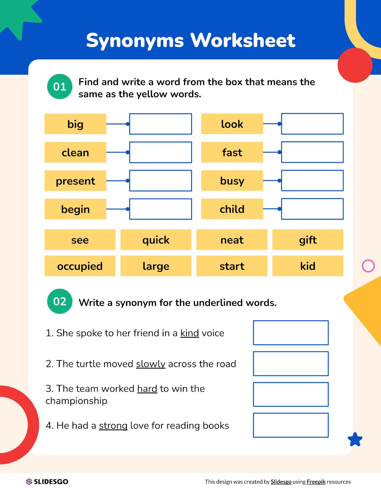Worksheet Synonym Free Printable Synonym Worksheet: Free Worksheet PDF