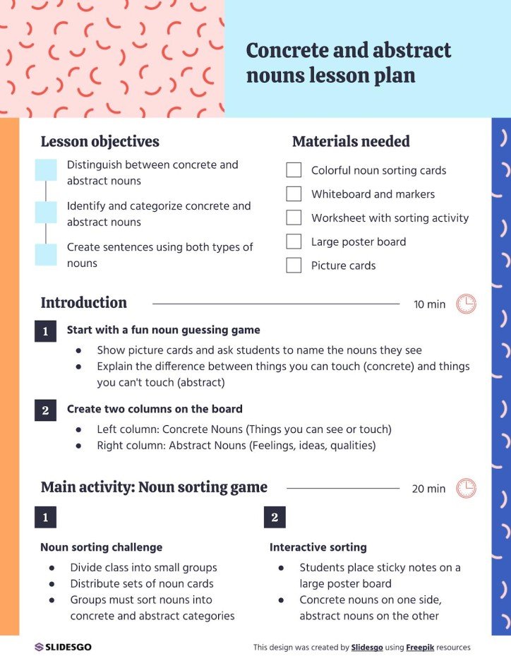 Concrete and Abstract Nouns Lesson Plan Presentation