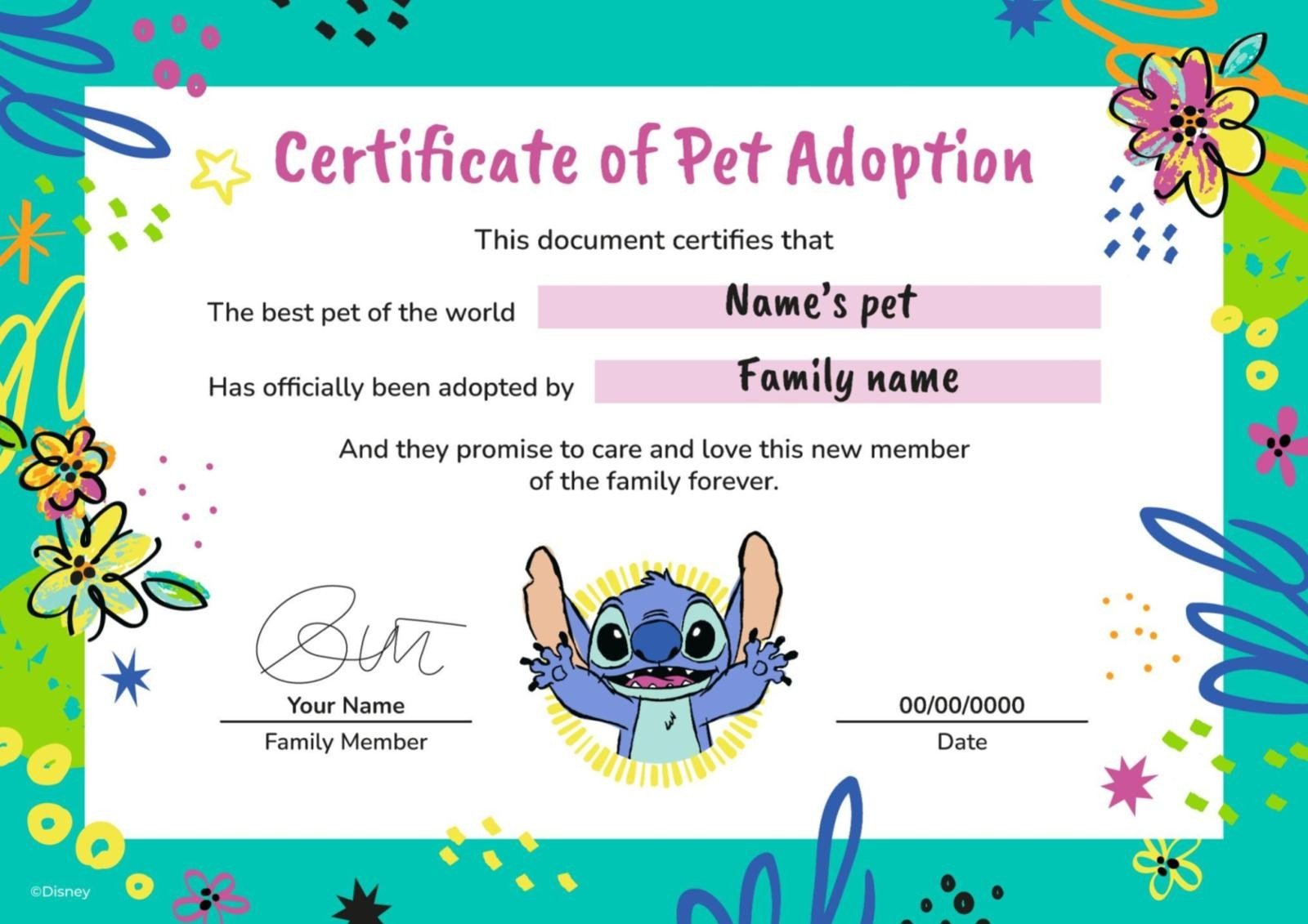 Presentación Certificado de adopción de Stitch