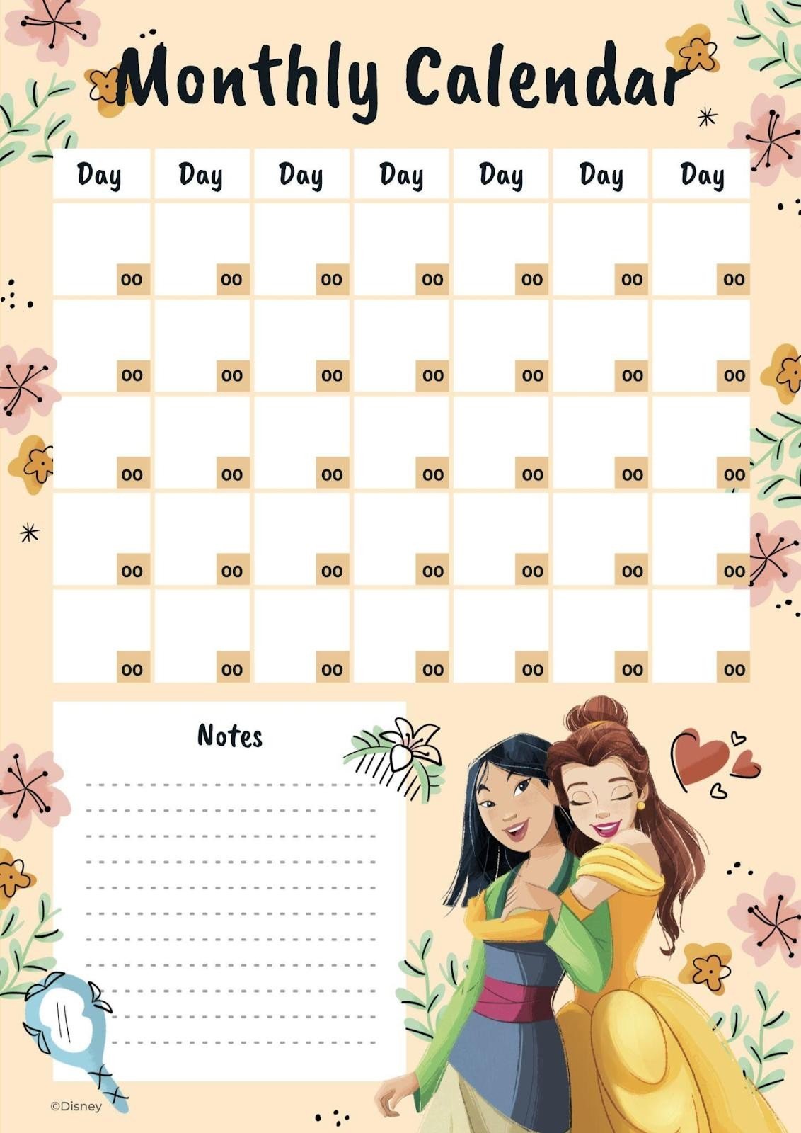 Mulan and Belle Monthly Vertical Calendar Presentation