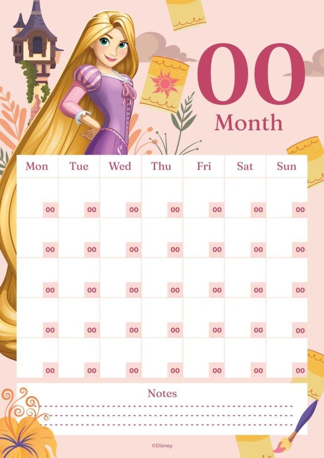 Presentación Calendario mensual vertical de princesas Disney