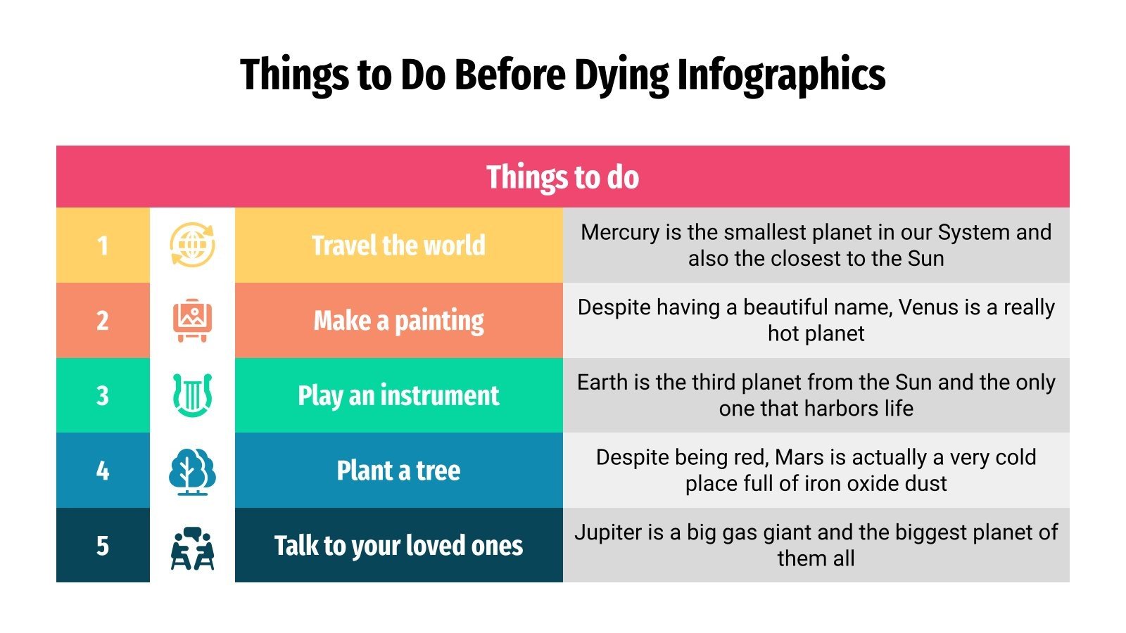 Infografías "cosas que hacer antes de morir" | Google Slides