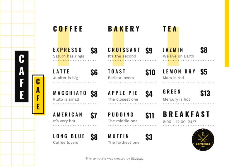 Geometric Cafe Menu Google Slides & PowerPoint template