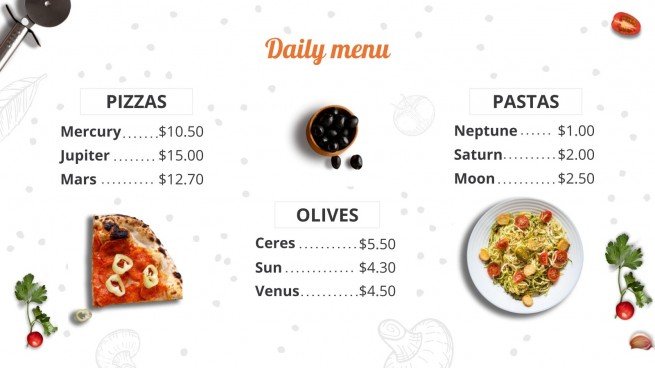 Pizzeria Digital Menu Board | Google Slides & PPT template