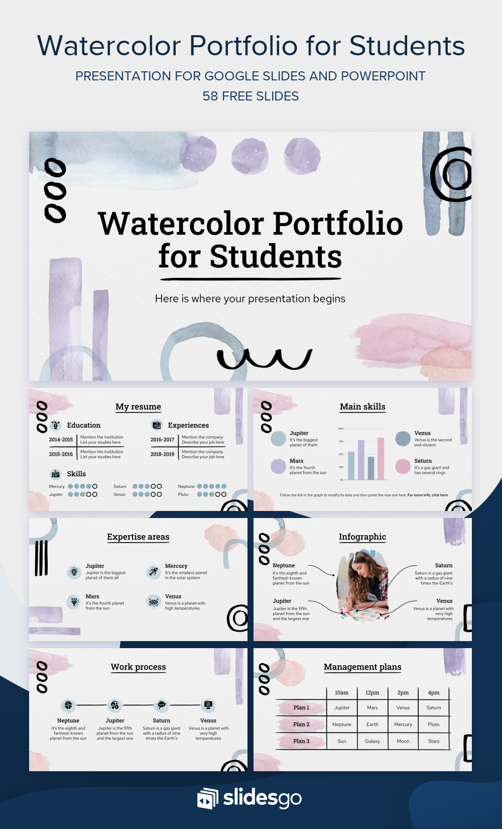 Watercolor Portfolio for Students | Google Slides & PPT theme